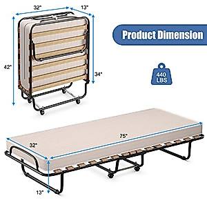 KOMFOTT Folding Rollaway Bed with Mattress, Foldable Bed with Memory Foam Mattress for Adults, Portable Fold Up Guest Bed with Sturdy Steel Frame on Wheels for Home & Office, Made in Italy (Beige)