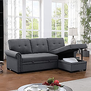 Alexent 3-Seat Classic Modern Fabric Sleeper Sectional Sofa Bed with Pull-Out Bed, Storage Chaise Lounge, Space Saving for Apartment, Living Room, Home Office, Guest Room -Dark Grey