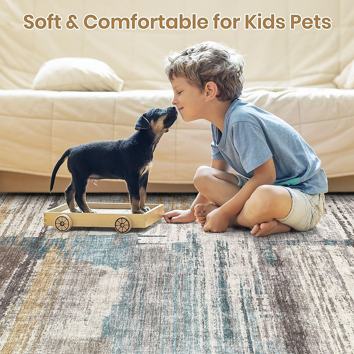 8x10 Rugs for Living Room: Large Modern Washable Super Soft Abstract Area Rug Neutral Contemporary Low Pile Carpet for Bedroom Dining Room Nursery Home Office Decor - Blue/Grey/Gold