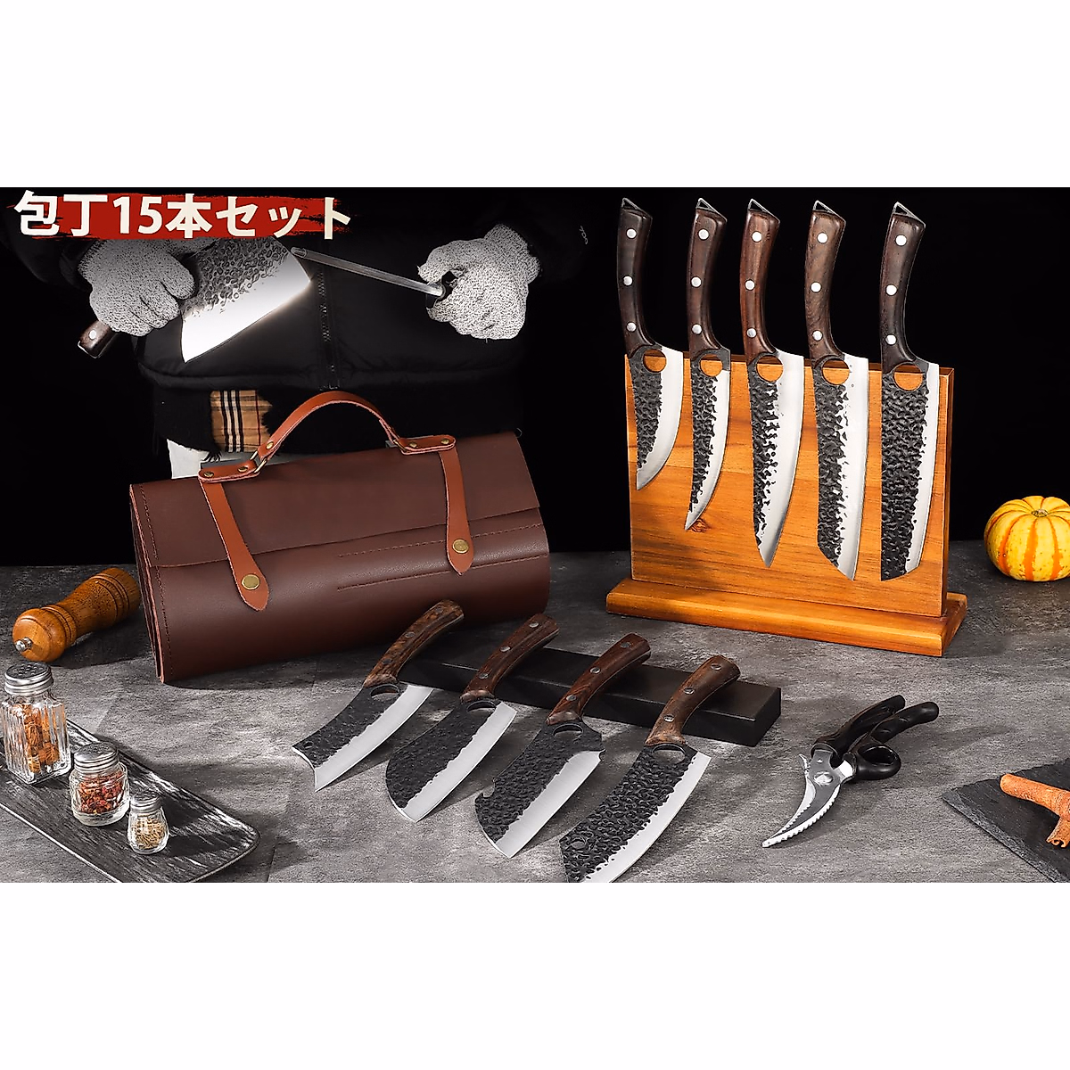 DRGSKL Serbian Chef Knife Set, Hand Forged Butcher Knife Set with Knife Bag, High Carbon Steel Kitchen Knife Set Meat Cleaver Boning Knife Viking Knife for Brisket Trimming, Gift for Dad