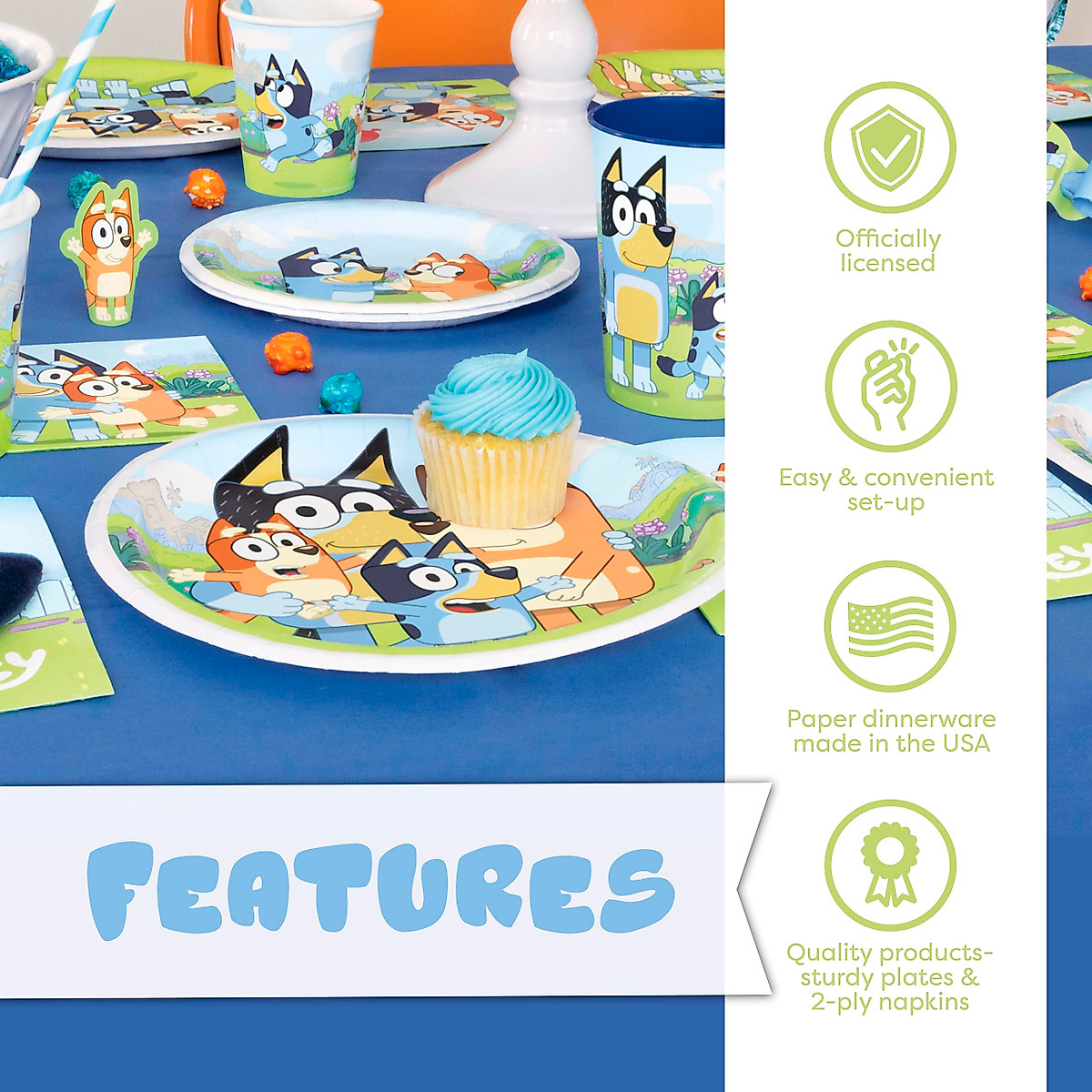 Unique Bluey Birthday Party Supplies | Serves 16 Guests | Bluey Party Supplies | Bluey Party Decorations | Banner, Table Cloth, Dinner & Cake Plates, Napkins, Sticker | Officially Licensed