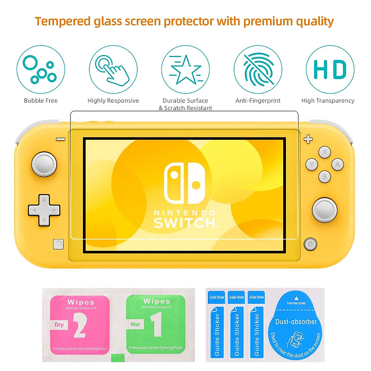 Protective Case Bundle for Nintendo Switch Lite, Tempered Glass Screen Protector, 4 Game Card Slots, Kick-Stand, Ergonomics Hand Grip, Shockproof, Anti-Scratch for Nintendo Switch Lite Case Yellow
