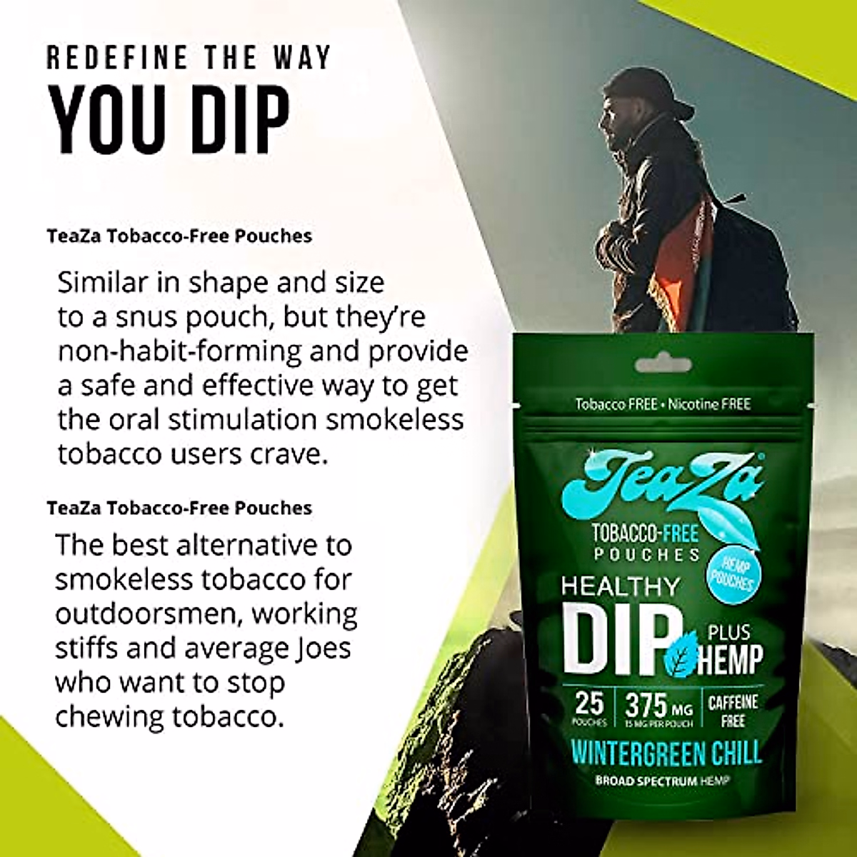 TeaZa Energy Smokeless Alternative with Hemp | Quit Chewing and Dipping Snuff | Nicotine and Caffeine Free Herbal Energy Pouch (Wintergreen Chill, 2 Pack)