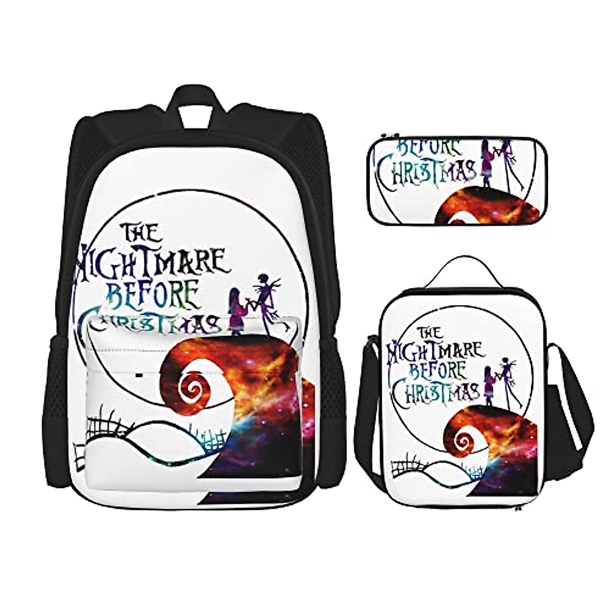 halloween nightmare 3 Piece Backpack Set Cartoon Backpack with Lunch Box Pencil Case for girls teens Women Men Durable Laptop Bag school backpack Wear Resistant christmas Hiking Camping Daypack C 99