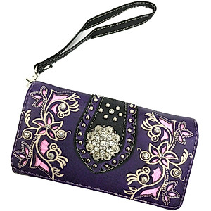 Justin West Rhinestone Concho Western Laser Cut Wristlet Trifold Wallet Attachable Long Strap (Purple)