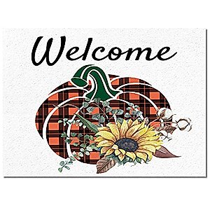 Indoor Area Rugs Thanksgiving Pumpkin Sunflower Grid Non-Slip Floor Mats Orange Black Rectangular Carpet Soft Washable Rugs for Living Room/Bedroom/Hallway Home Decor - 5x7 Feet