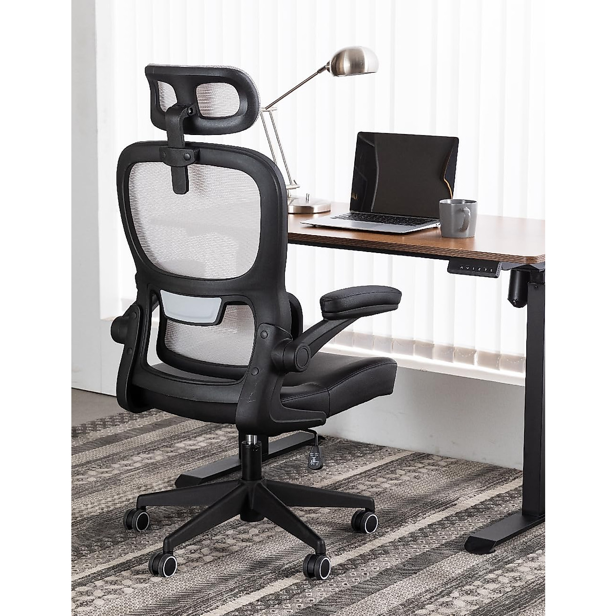 Ergonomic Mesh Office Chair High Back Desk Chair for Big and Tall People Adjustable Headrest with 2D Armrest Lumbar Support and PU Wheels Swivel Tilt Function Black (Black/Grey with Nylon Base)