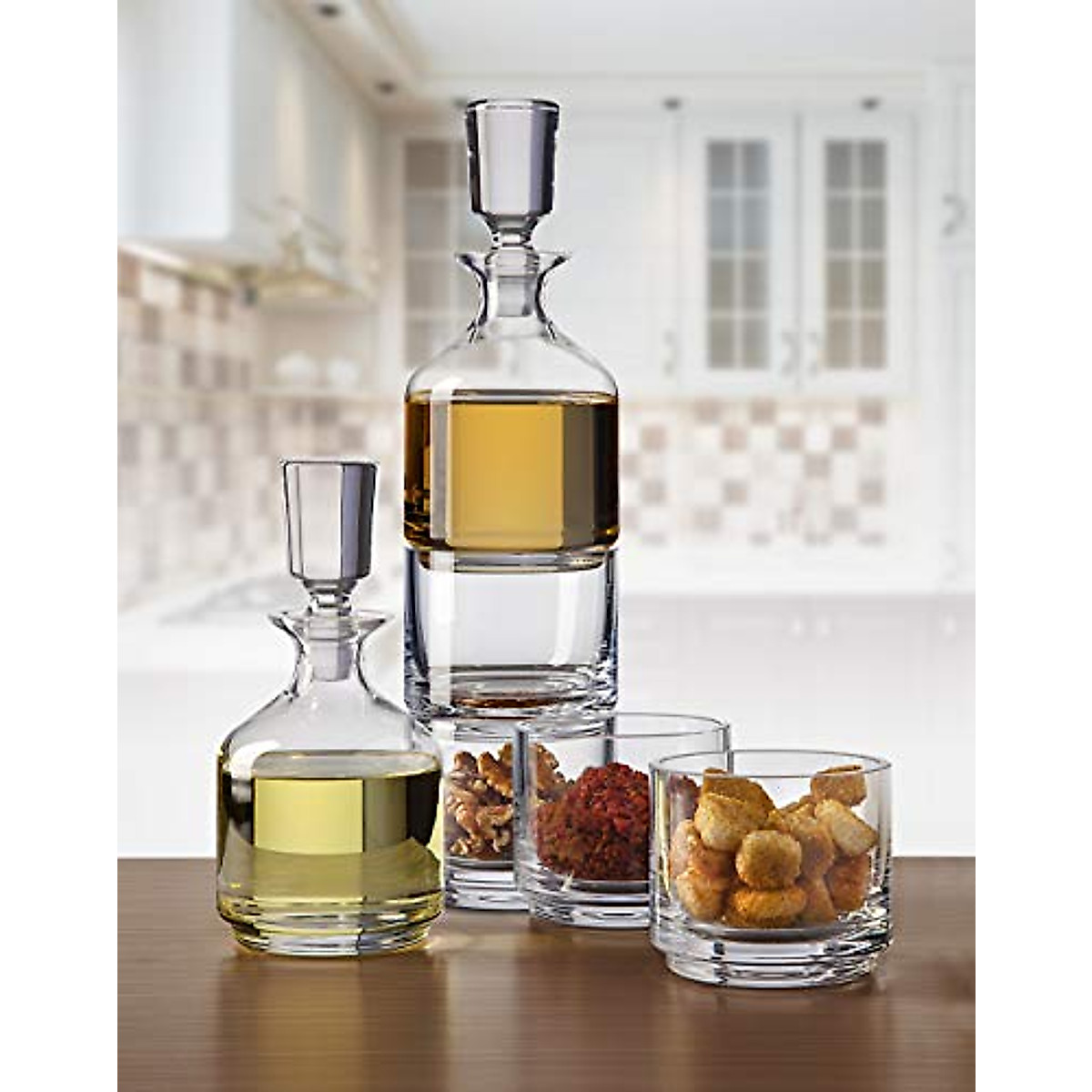 Godinger Stackable Whiskey Decanter and Whisky Glasses 3 pc set, for Liquor Scotch Bourbon or Wine
