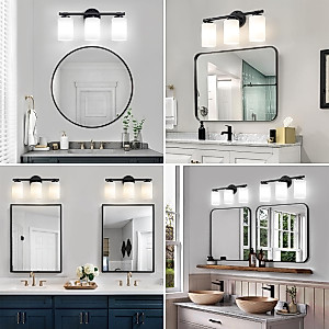GZBEINI Black Bathroom Vanity Fixture,Farmhouse Bathroom Light FixturesOver Mirror,3 Light Modern Bathroom Lighting,Bathroom Vanity Light Fixtures Above Mirror with Milk White Glass Shade