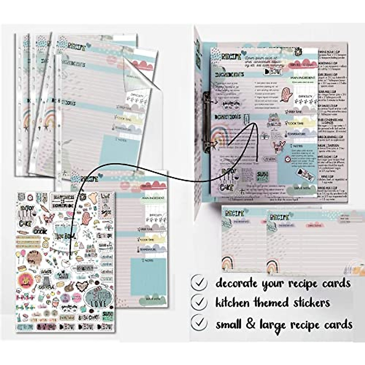Balanchy Recipe Binder Refill Pages 30 4 x 6 Recipe cards, 20 x A4 Recipe Cards, 45 Page Protectors,1 Pc of A4 Stickers for 11 x 12 x 2.8 Inch 3 Ring Recipe Binder Kit