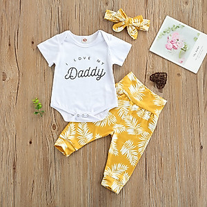 0-18M Newborn Baby Girls Clothing Set Short Sleeve Cotton Letter Romper Bodysuit + Floral Pants + Headband (I Love Daddy , 0-3 Months )