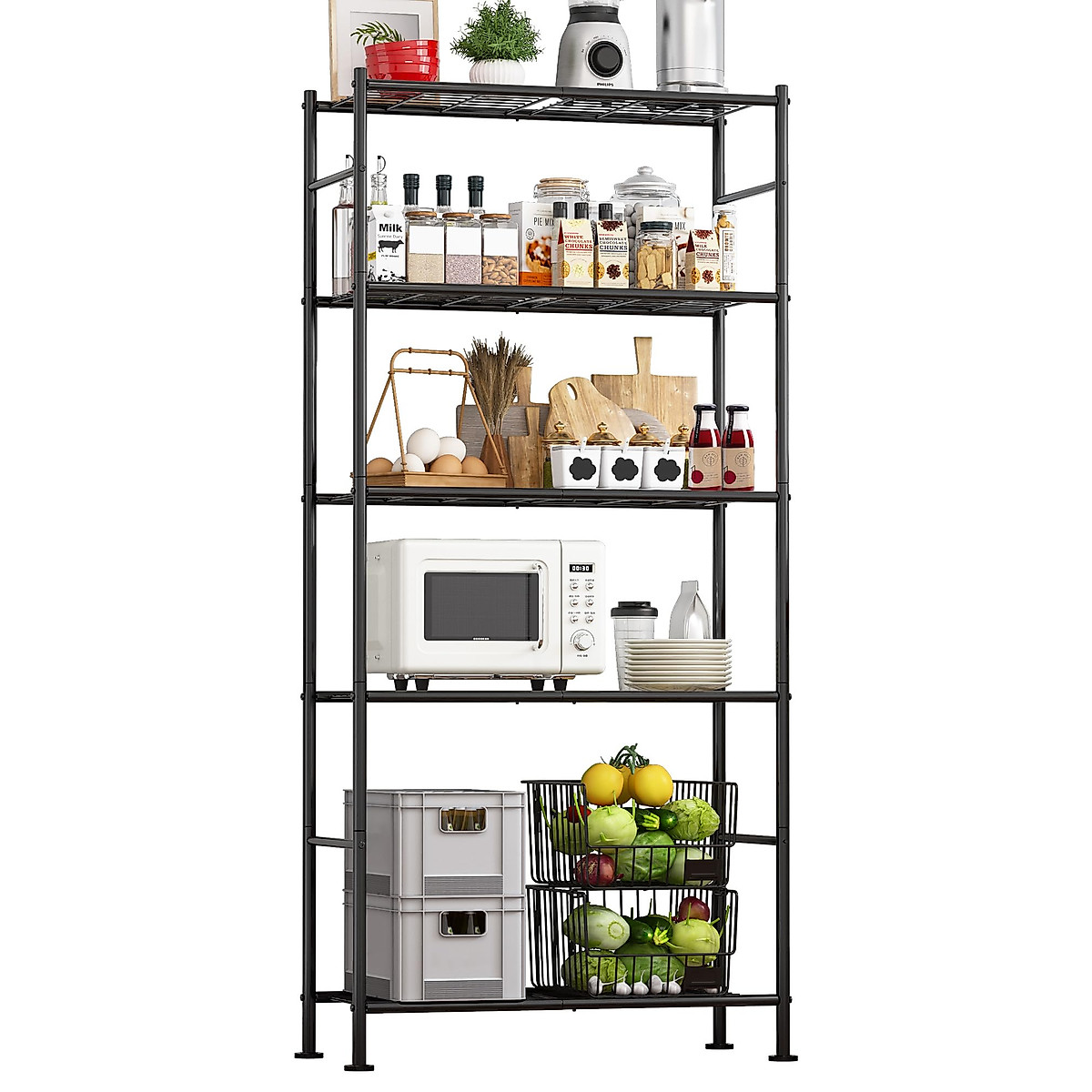 Sakugi Storage Shelves - 5 Tier Shelf Organizer, Heavy Duty Garage Shelving Unit with Leveling Feet, Stable Metal Shelves Organizer for Pantry, Kitchen and Closet, 33.1" W X 12.6" D X 72.0" H, Black