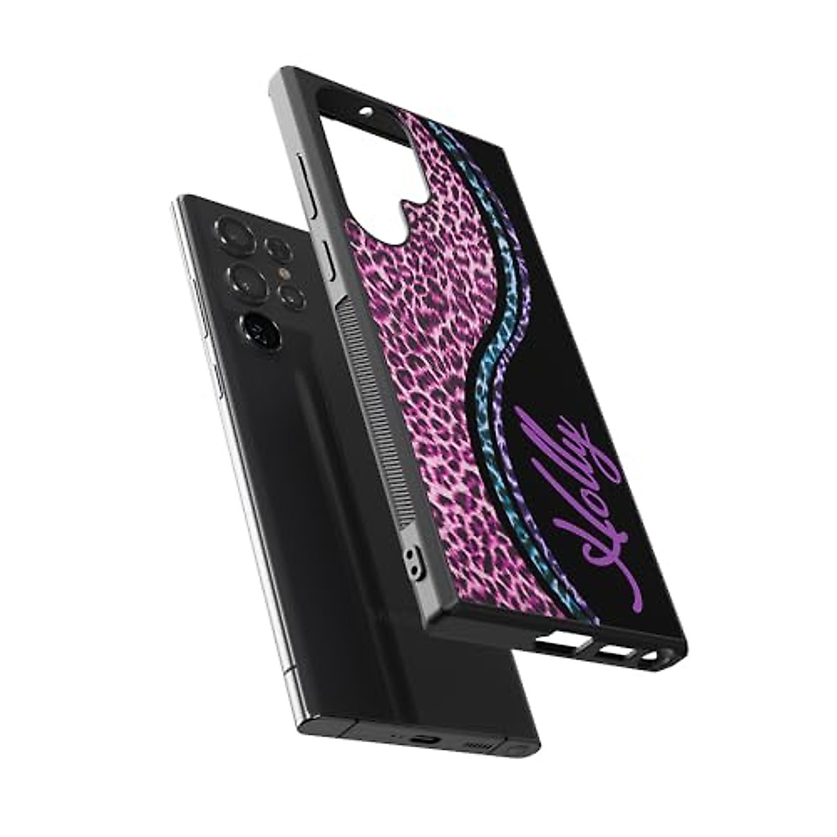 Leopard Skin Purple Personalized Black Rubber Phone Case Compatible With Samsung Galaxy S23 S23+ Ultra S22 S22+ S21 S21FE S21+ S20FE S20+ S20 Note 20 S10 S10+ S10e