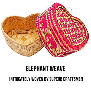 FOREVER 1 – Bamboo Sticky Rice Serving Basket 6.2 x 5.2 Inch, Kratip, Intricately Woven Container, Heart-Shaped, Elephant Weave Pattern, Bright Pink, Thailand Handmade, Dyed with Natural Based