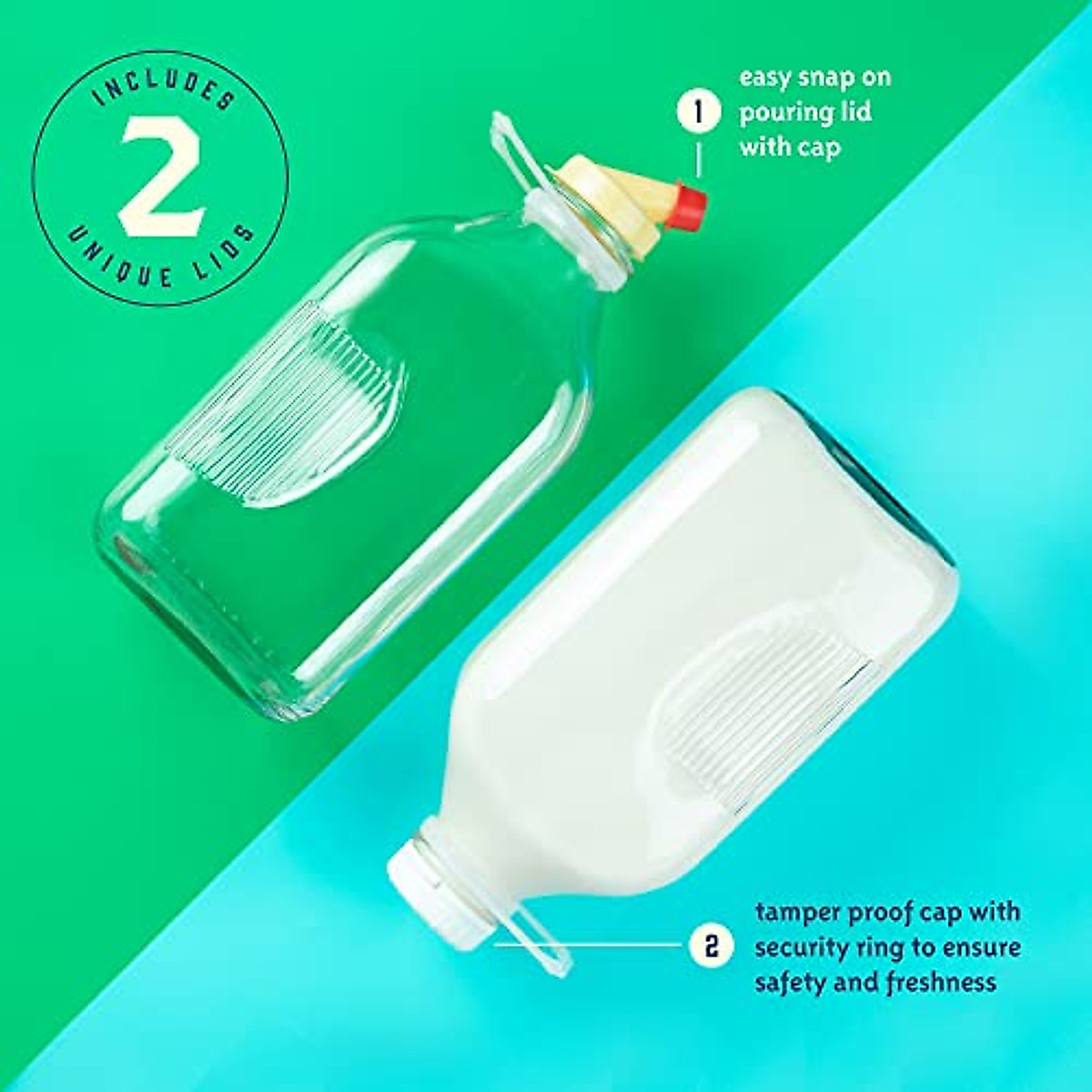 Kitchentoolz 64 Oz Glass Milk Bottle Jugs with Caps, Half Gallon Glass Milk Container for Refrigerator with Tamper Proof Lids and Pour Spouts- Pack of 2