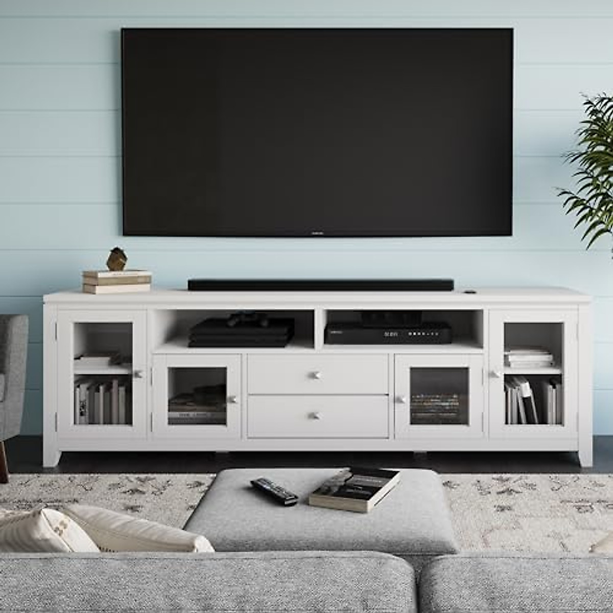 SIMPLIHOME Cosmopolitan SOLID WOOD 72 inch Wide Contemporary TV Media Stand in White For TVs up to 80 inches for the Living Room and Entertainment Center
