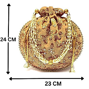 Eyesart Fashion Potli Bag For Women Ethnic Designer Embroidery Ethnic Velvet Potli bag Ladies Handbag Purse for Bridal Party wedding and Gifting Batwa Pearls Handle With Intricate (Cream)