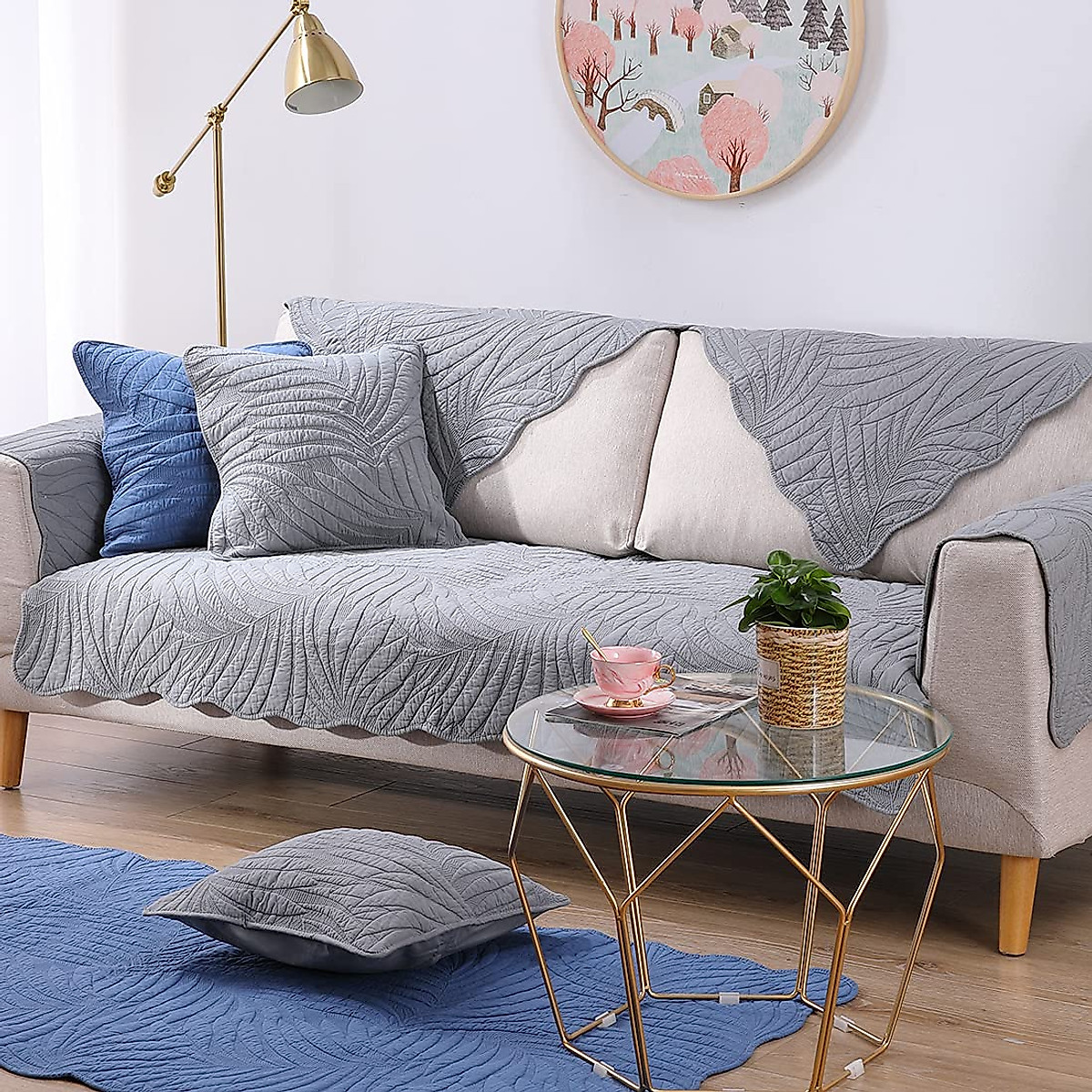 vctops Leaf Embroidery Cotton Couch Sofa Cover Non-Slip Sectional Couch Covers Sofa Slipcover for Dogs Cats Pet Love Seat Recliner Leather L Shaped, Armrest Backrest Cover(Grey,28"x82")