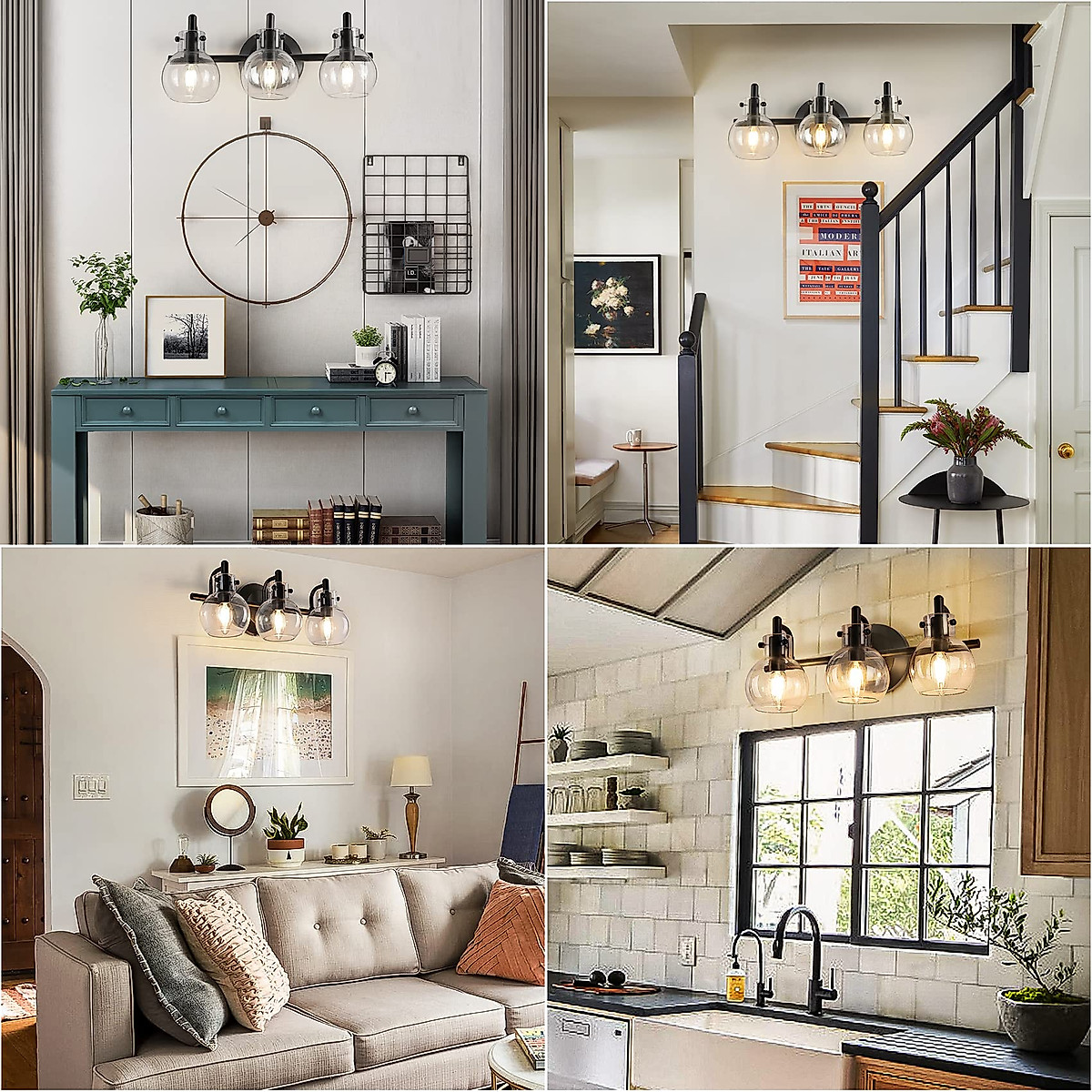 FOLKSMATE Bathroom Vanity Light Fixtures, Modern 3 Lights Wall Sconce Lighting Matte Black, Wall Lamp Wall Mount Light Fixture with Globe Glass Shade