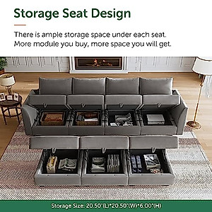 HONBAY Modular Sectional Sofa Velvet U Shaped Couch with Ottomans Convertible Sectional Couch 7 Seater Sofa with Storage Seat, Grey