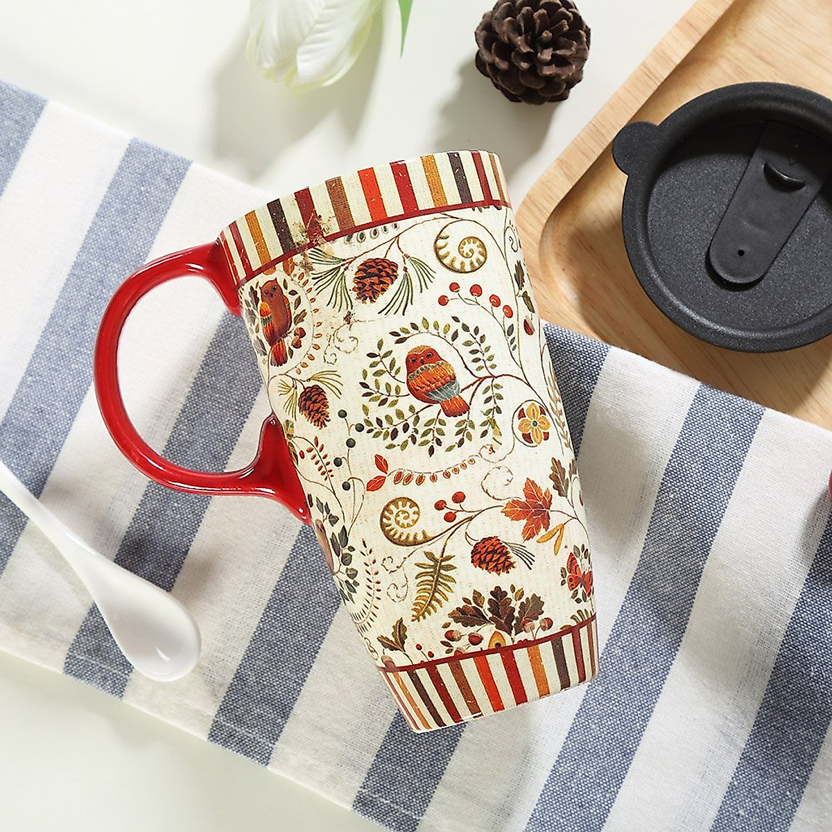 Topadorn 17 oz Tall Ceramic Travel Mugs Coffee Cup with Sealed Lid and Handle,Flower