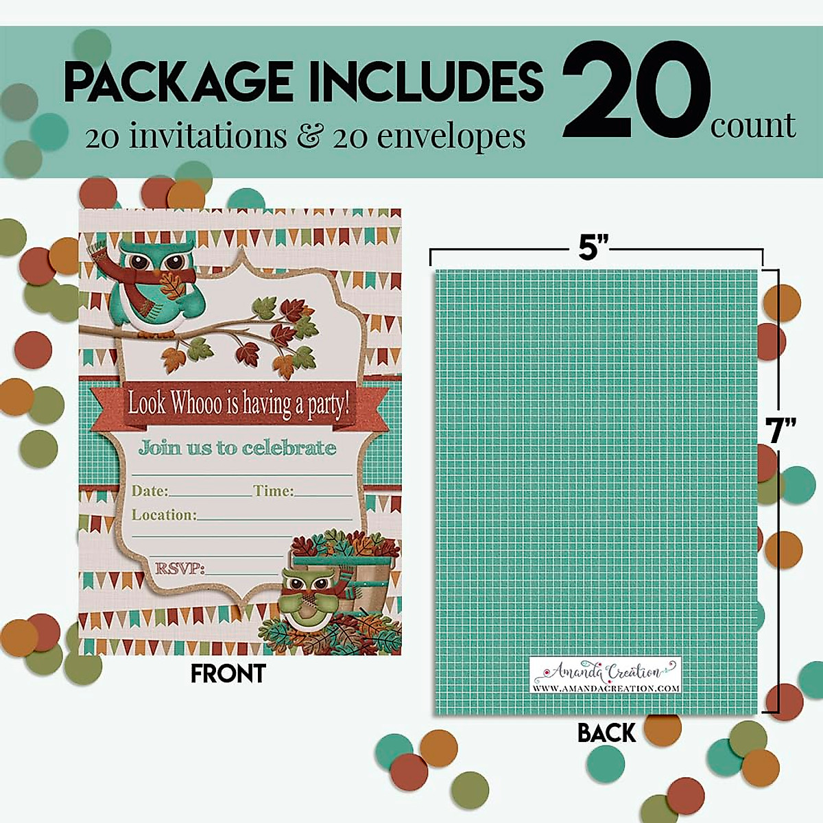 Look Who Fall Owl Themed Fill In Birthday Party Invitations, 20 5x7 Fill In Cards with Twenty White Envelopes by AmandaCreation