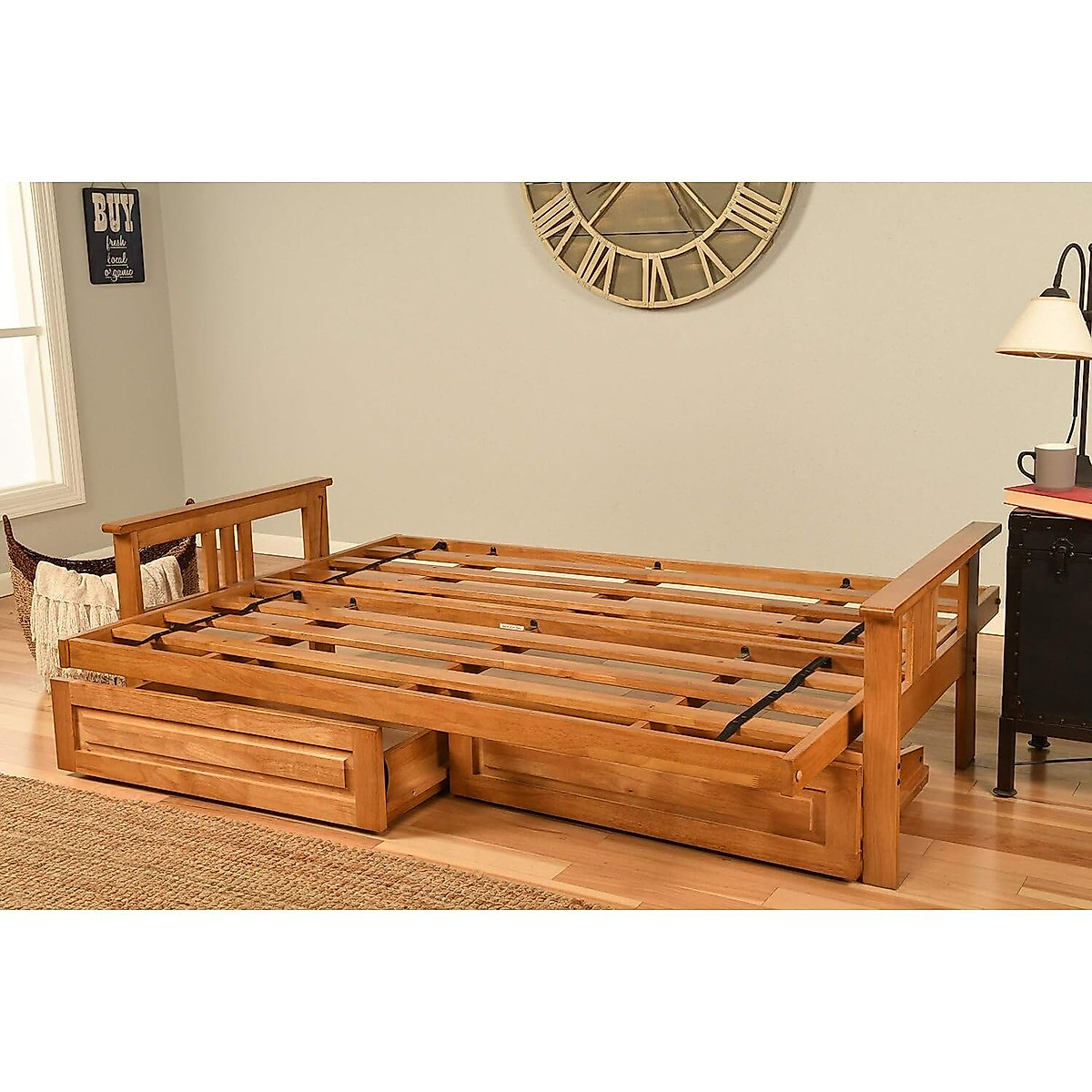 HomeStock Asian Allure Fusion Futon Wood Frame Classic Style with Mission Style Arms with Solid Pattern with Foldable Feature for Lounge Room with Tight Back Butternut/Full Frame with Drawers