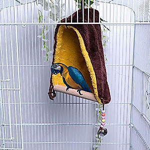 Parrot Swing Perch - Bird Winter Plush Hut Tent Birdcage Hammock with Wood Stand and Bells Pendant for Parakeets Cockatiels, Conures, Macaws, Parrots, Love Birds, Finches
