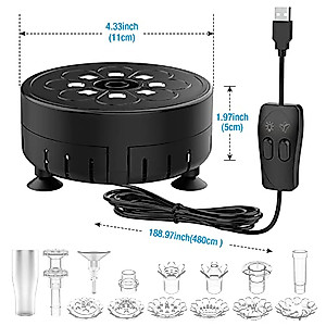 AISITIN 2.5W Fountain Pump with LED Light and Nozzles, DIY Water Fountain Pump Kit with 15.8 ft USB Power Cord and AC Adapter, Water Pump for Bird Bath, Ponds, Garden, Outdoor and Indoor, Black