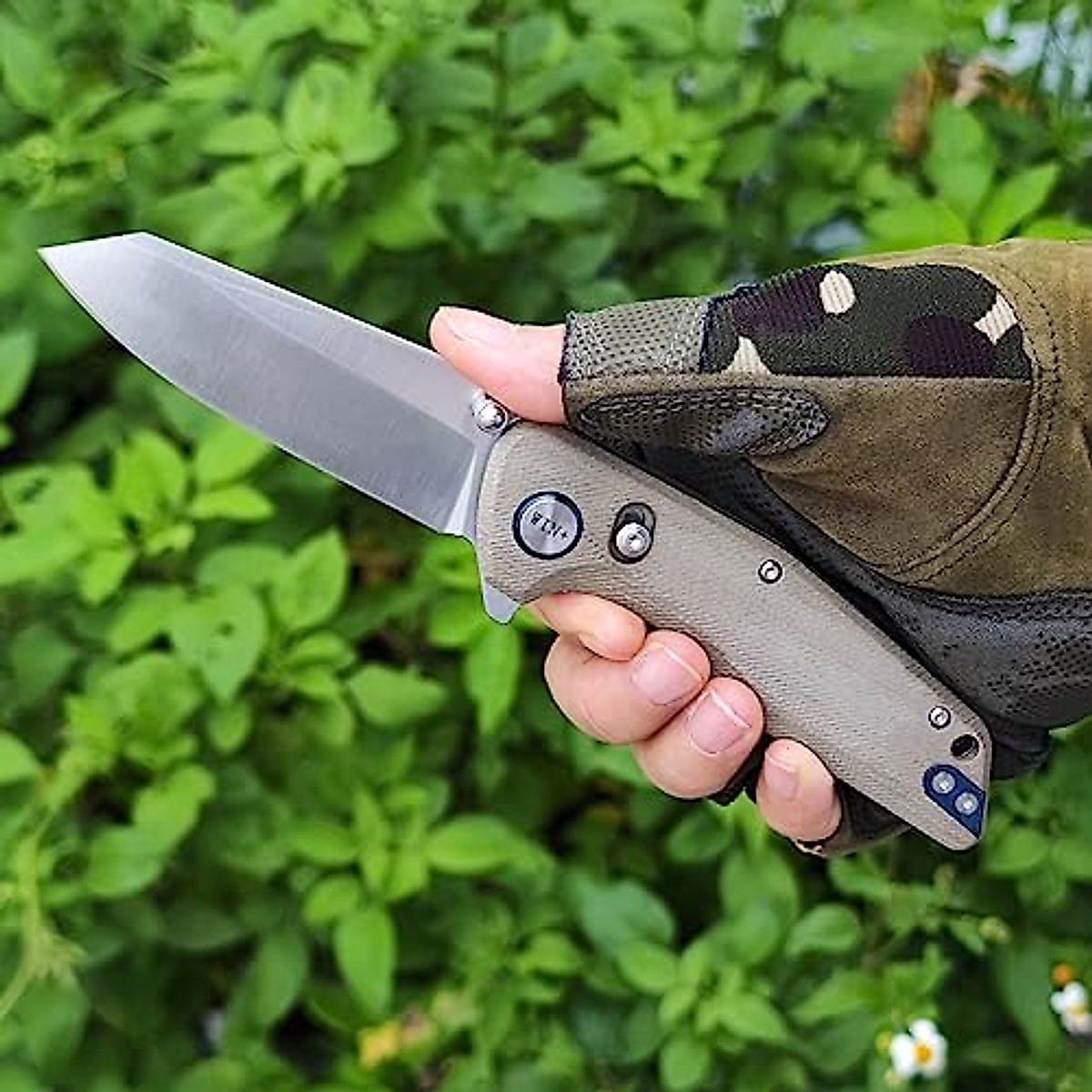 WIN+ Pocket Knife, Folding Knife with Button Lock and Axis Lock, Tactical Knives with Ball Bearing and Thumb Stud, Micarta Small EDC Knife for Survival Camping 3442 (C-Desert-Micarta)