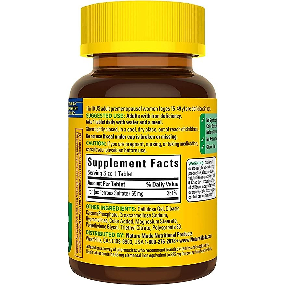 Nature Made Iron 65 mg (325 mg Ferrous Sulfate) Tablets, Dietary Supplement for Red Blood Cell Support, 365 Tablets, 365 Day Supply Bunde with Weekly Pill Organizer