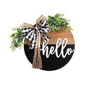 Hello Home Sign for Front Door, Farmhouse Front Porch Hello Door Sign Decorations Wood Wreaths for Holiday Halloween Christmas, Hanging Door Decor Spring Summer Fall Winter Indoor Outdoor