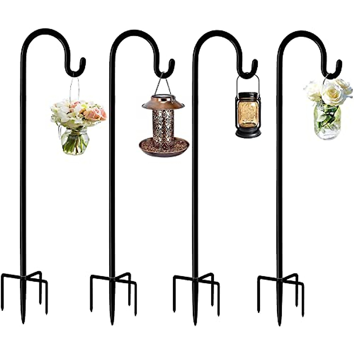 47 Inch Outdoor Shepherd Hook with 5 Prong Base(2 Packs),Adjustable Hanger for Outdoor,Garden Flower Planter,Bird Feeder,Plant Baskets (Black)