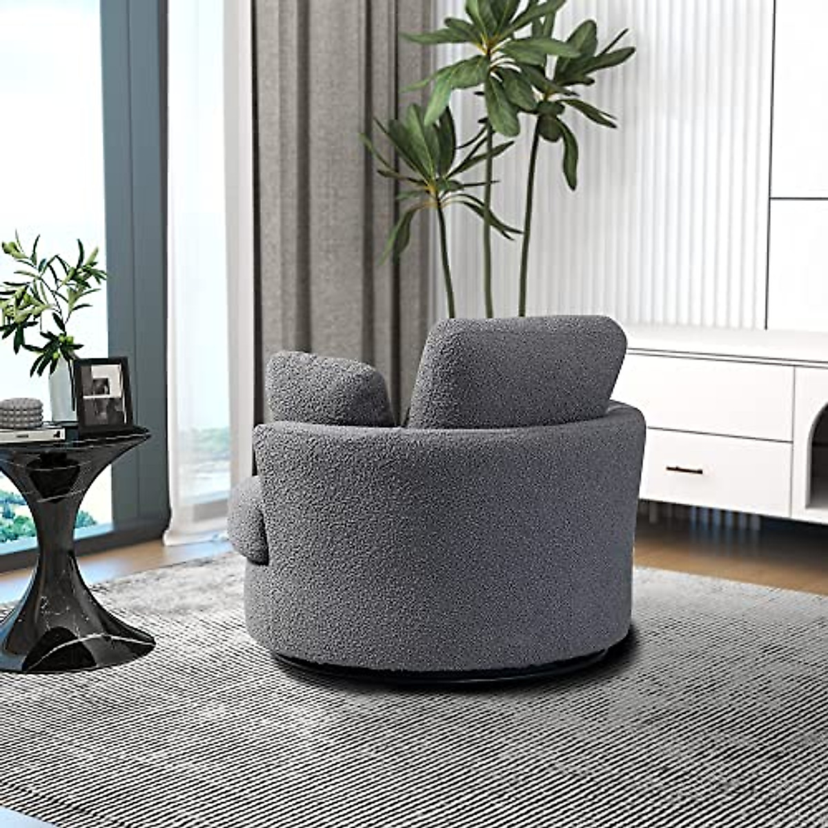 Dvasovio 42.2" W Swivel Accent Barrel Chair with 3 Pillows 360 Degree Swivel Lounge Club Round Chair, Oversized Arm Chair Cozy Club Chair for Bedroom Living Room Hotel, Ivory Boucle(Dark Gray)