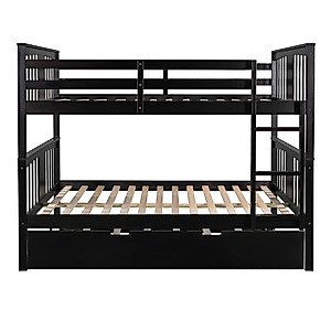 MERITLINE Bunk Bed Full Over Full Size, Wooden Full Bunk Beds with Twin Size Trundle and Ladder, Space Saving Design Bedroom Furniture (Espresso)