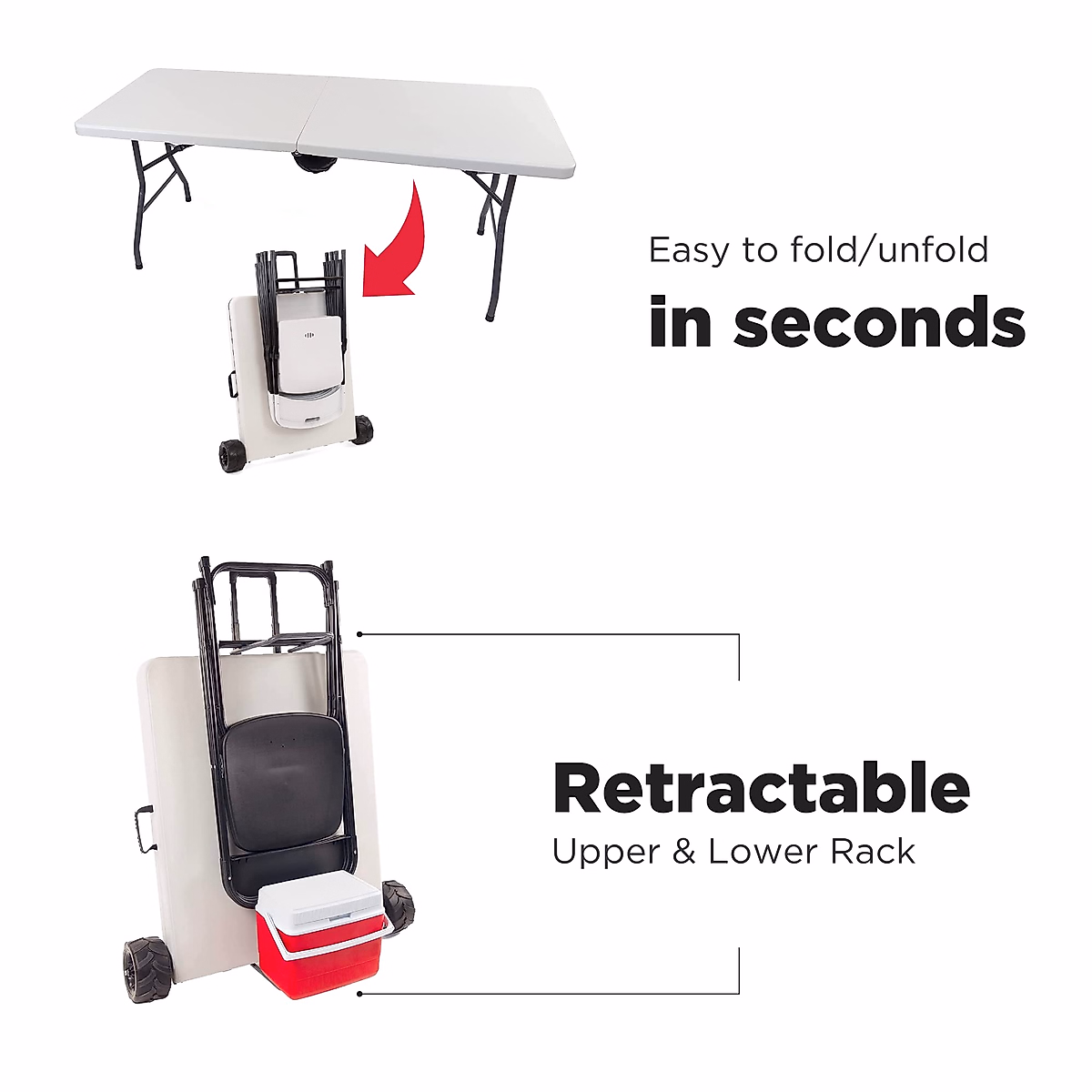 Creative Outdoor Folding Table and Chairs, 6 Ft, Built-in Wheels, Portable Durable Plastic, Indoor/Outdoor Events, Perfect for Camping/Picnic/Tailgating/Party (White Table and 4 Chair Set)