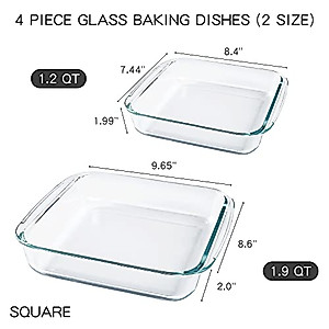 Glass Casserole Dish Set of 4, 8x8 Square Baking Dishes for Oven Cooking, Dishwasher Freezer Safe Borosilicate Glass Bakeware Set (1.9QT, 1.2QT)