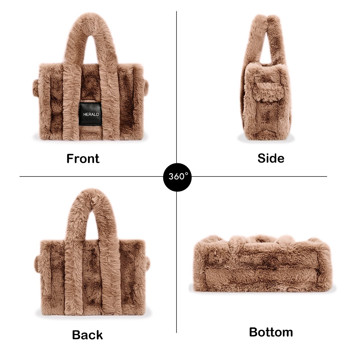 Herald Large Tote Bags For Women Soft Winter Fluffy Fuzzy Furry Plush Top Handle Purse and Handbag With Shoulder Strap (Khaki)