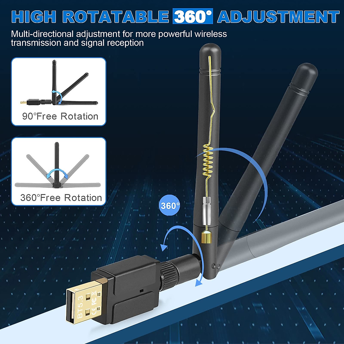 Long Range Bluetooth Adapter for PC 5.3, USB Bluetooth Adapter Dongle 328FT / 100M, 5.3+EDR Bluetooth Wireless Transmitter Receiver for Desktop Laptop PC with Windows 11/10/8.1