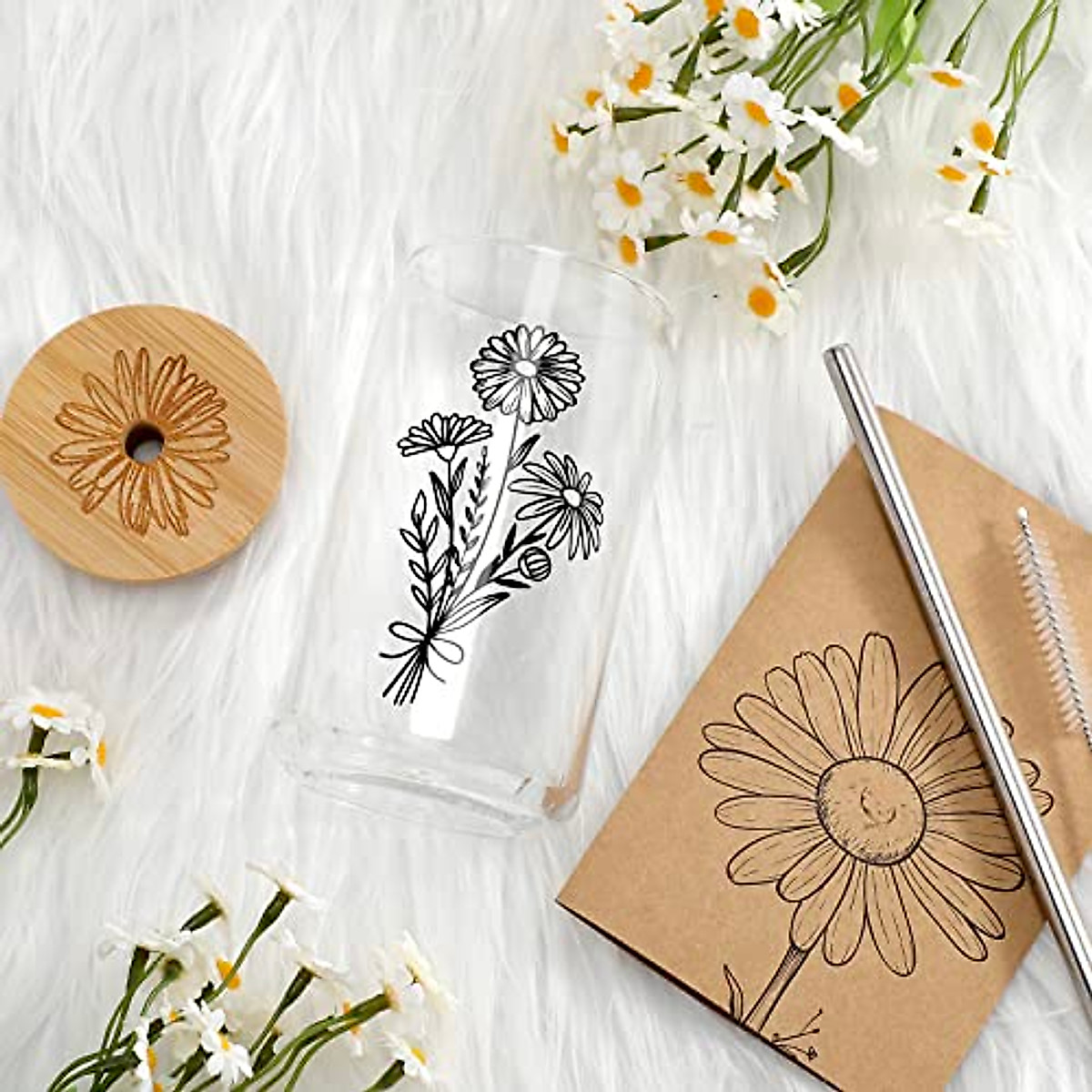 Nefelibata Daisy Iced Coffee Cup Birth Flower Beer Glass Can 16OZ Drinking Cup with Bamboo Lid Metal Straw Cleaning Brush April Birth Flower Spring Floral Decor Birthday Gifts for Mom Mother's Day