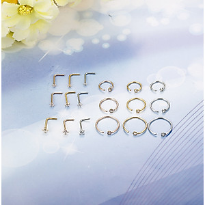 Jstyle 18Pcs Nose Rings Hoop Stainless Steel 20G L Shaped CZ Nose Studs Piercing Ring Hoop Body Jewelry Set