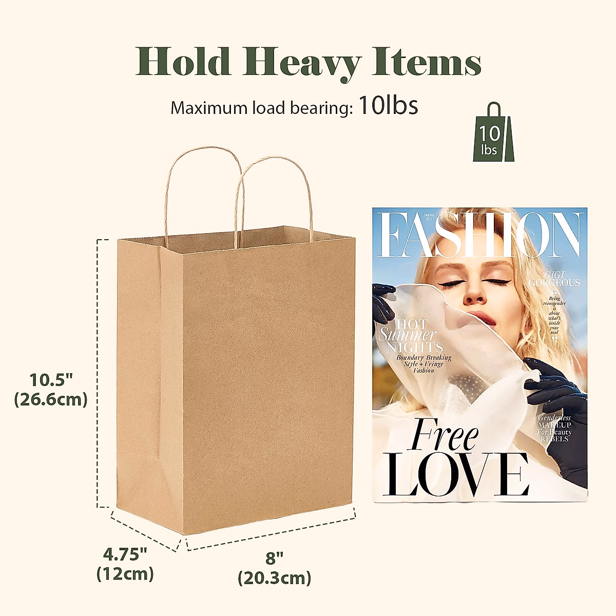 GSSUSA 8x4.75x10'' Gift Bags with Handles, Brown Paper Bags Bulk Bags for Small Business, Paper Shopping Bags, Grocery Bags, Shopping Bags for Boutique, Merchandise, 100Pc