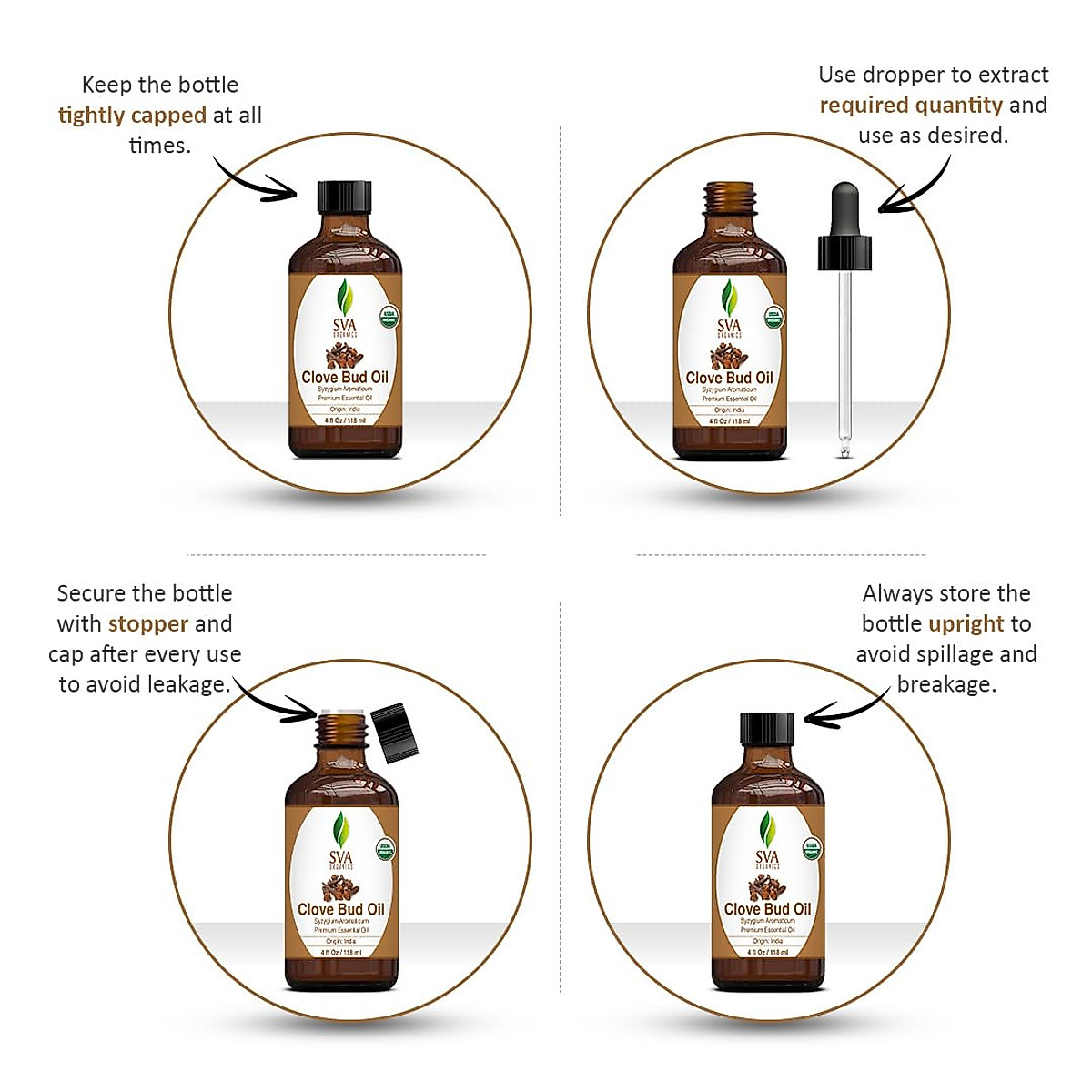 SVA Clove Bud Essential Oil Organic – 4 Fl Oz – 100% Natural Organic Clove Oil - for Diffuser, Hair Care, Face, Skin Care, Aromatherapy, Scalp and Body Massage, Soap and Candle Making - with Dropper