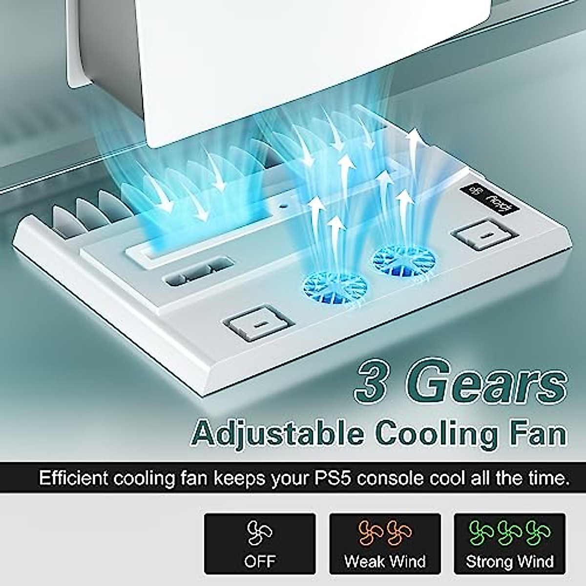 Allnice PS5 Stand with Cooling Fan and Controller Charging Station for Playstation 5 Console Disc/Digital Edition, PS5 Accessories with 15 Game Rack Organizer, Adjustable Fans Speed, Headset Holder