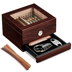 Cigar Humidor Box, Spanish Cedar Cigar Humidor Storage Box Holds 50-60 Cigar Humidors, Keeps 65% - 72% Like Humidity with Glass Top humidors, Stable Hygrometer, Humidifier and Accessory Drawer.