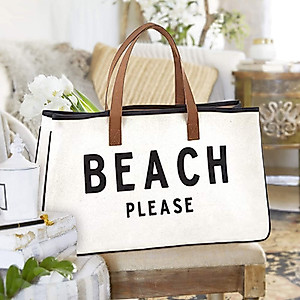 Santa Barbara Design Studio Tote Bag Hold Everything Collection Black and White 100% Cotton Canvas with Genuine Leather Handles, Large, Beach Please