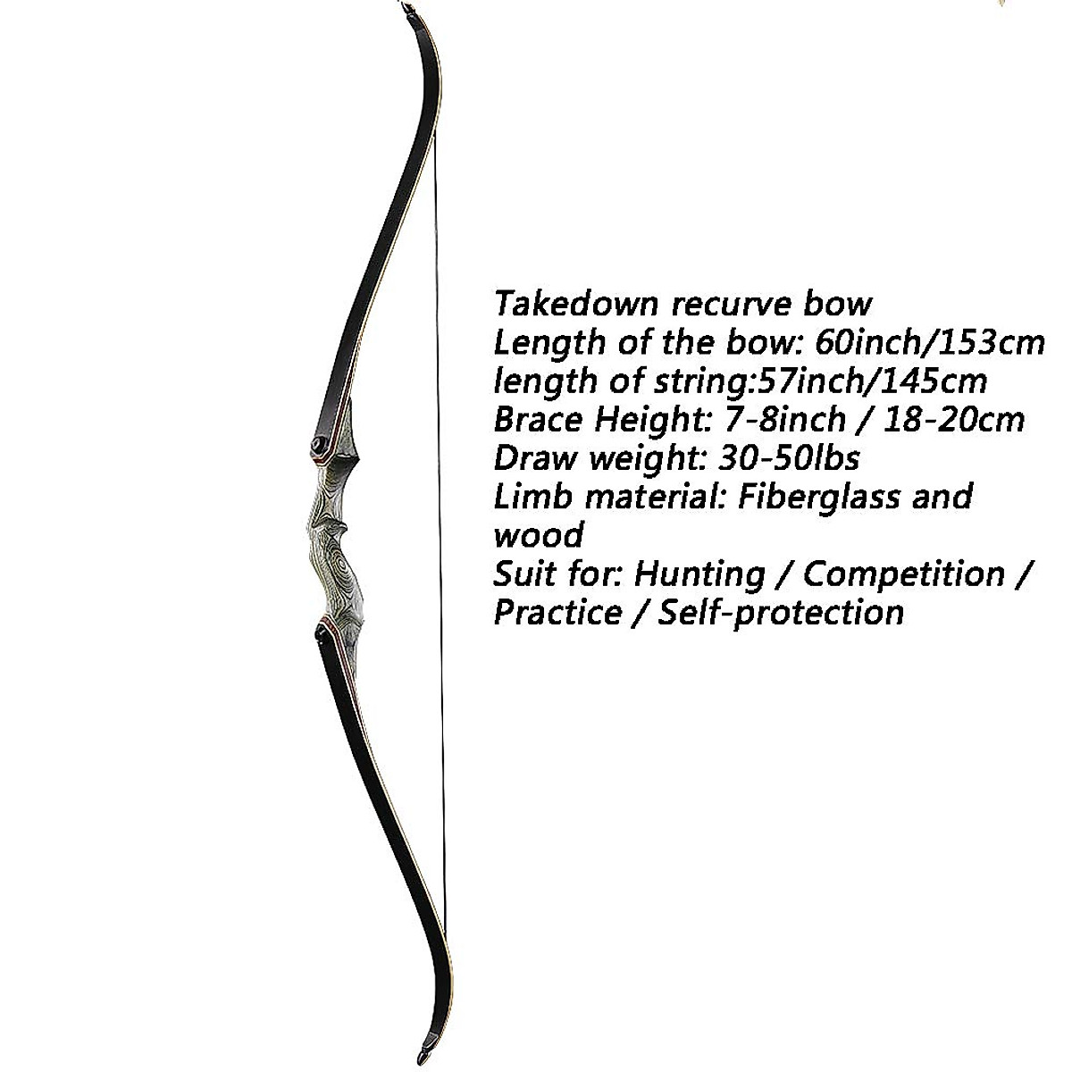 60'' Archery Recurve Bow Takedown Bow Hunting Bow and Arrow Set Adult Target Practice Competition Survival Longbow Right Hand 30-50lbs with 6pcs Fiberglass Arrows (35lbs)