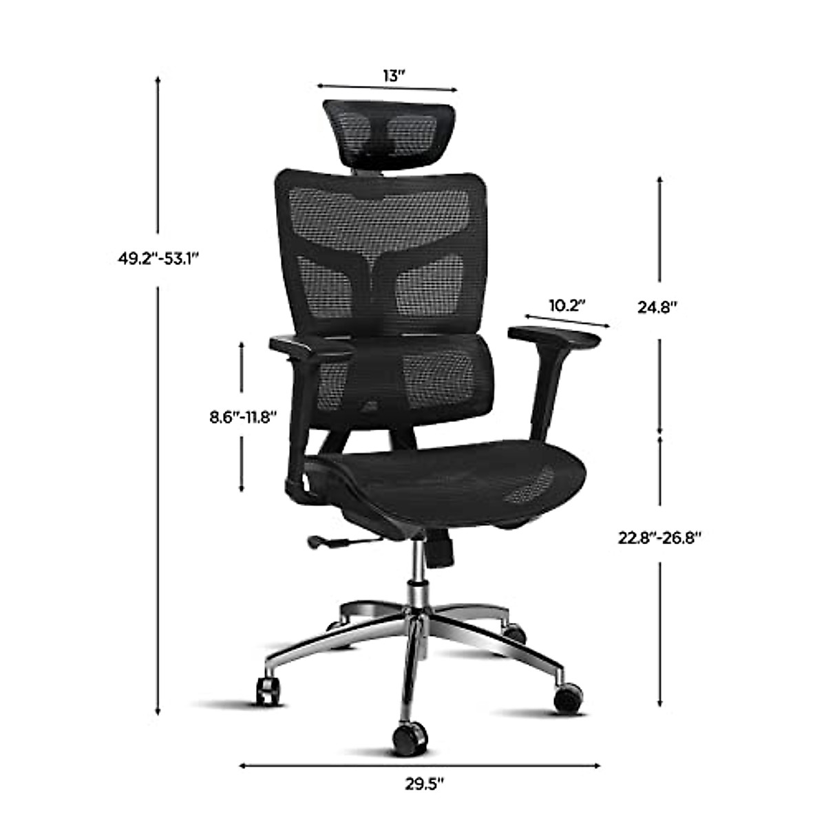 Kinna EK Ergonomic Office Chair, Home Office Mesh Chair with Adjustable 4D Headrest, 3D Armrest, Lumbar Support for Long Hours - High-Back Computer Chair with Tilt Function, 5-Year Warranty