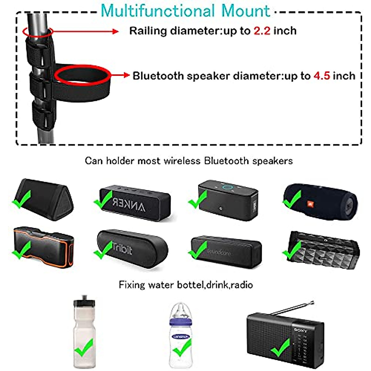 Upgraded Portable Speaker Mount for Golf Cart Railing Bike,TOOVREN Wireless Bluetooth Speakers/Water Bottle Holder Adjustable Strap fit Most Speaker,Golf Cart Accessories Applicable to Rail/Cross bar
