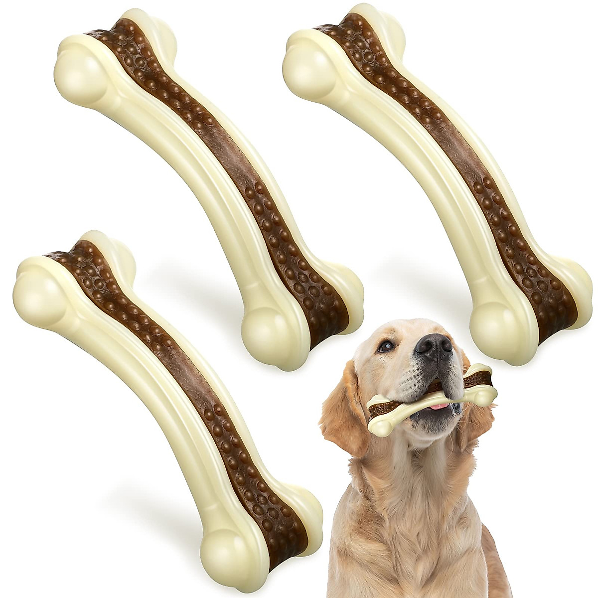 Sosation 3 Pack Chew Toys for Aggressive Chewers, Bone Toys Nylon Beef Flavor Dog Teething Toys for Large/Medium/Small Puppies Breeds(Large, Curved Bone)